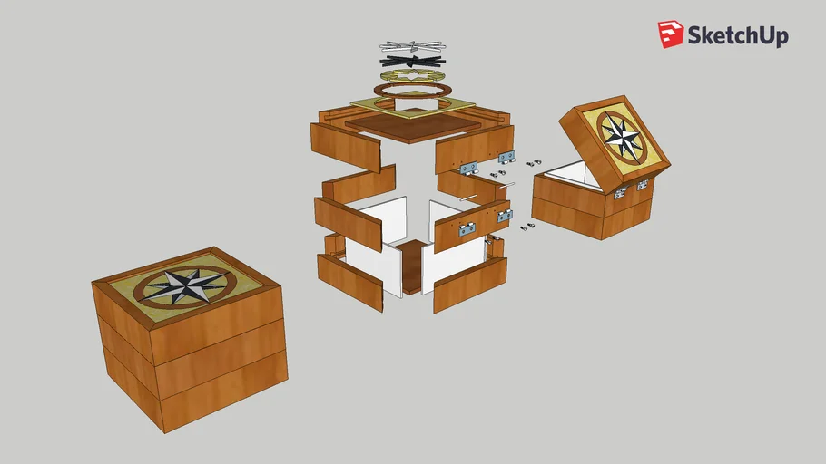 box with hinged lid and compass rose inlay exploded | 3D Warehouse
