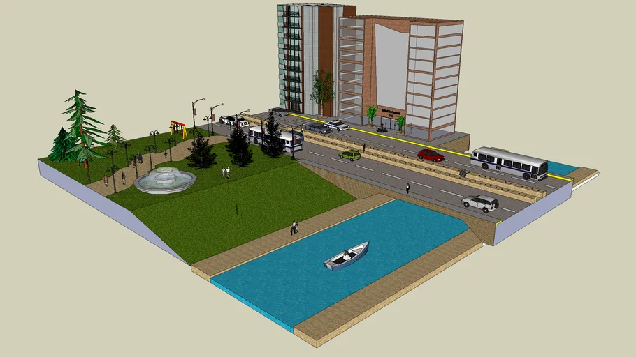 Calle con parque y rio | 3D Warehouse