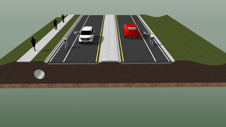 Urban 2 Lane Typical Section with Bike Paths and Median | 3D Warehouse