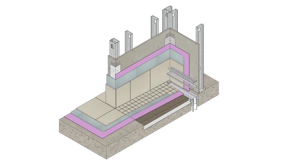 06.110.0421CL Curbless tile shower assembly Metal studs, CBU, bonded ...