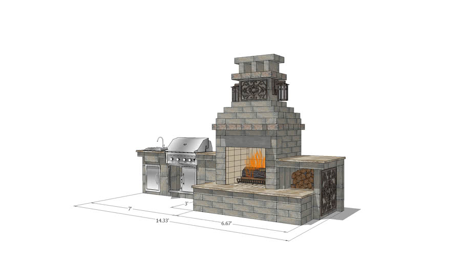 GeoStone Outdoor Fireplace and Kitchen Combo - Grill and Chill | 3D ...