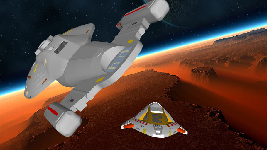 The 'Delta Flyer' runabout departs Voyager with an away team to explore ...