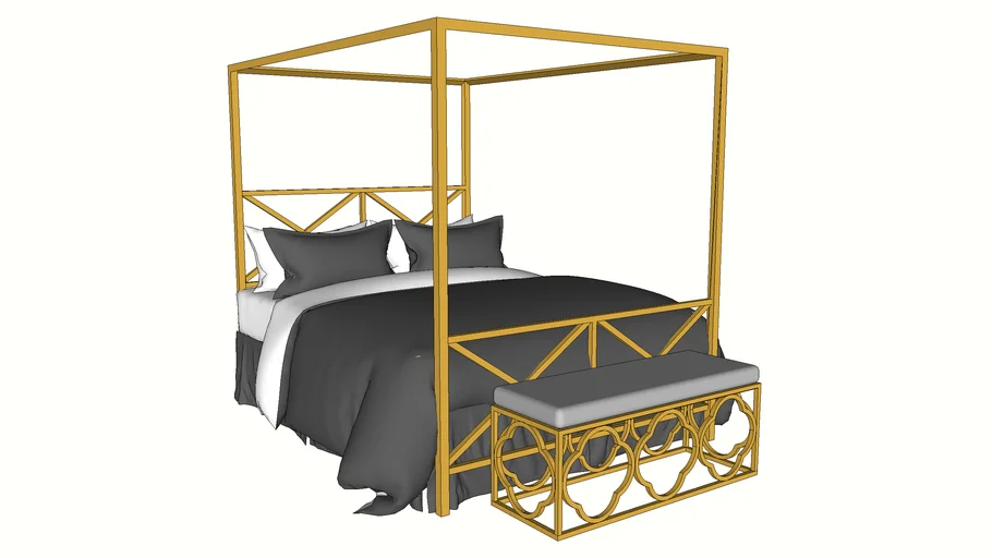 GOLD BED, QUEEN SIZE WITH BEDDING, BED SKIRT AND BENCH | 3D Warehouse