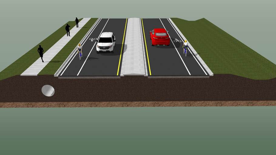 Urban 2 Lane Typical Section with Bike Paths and Median | 3D Warehouse