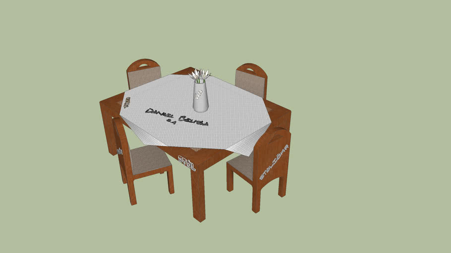 Table with chairs, tablecloth and vase with white flowers | 3D Warehouse
