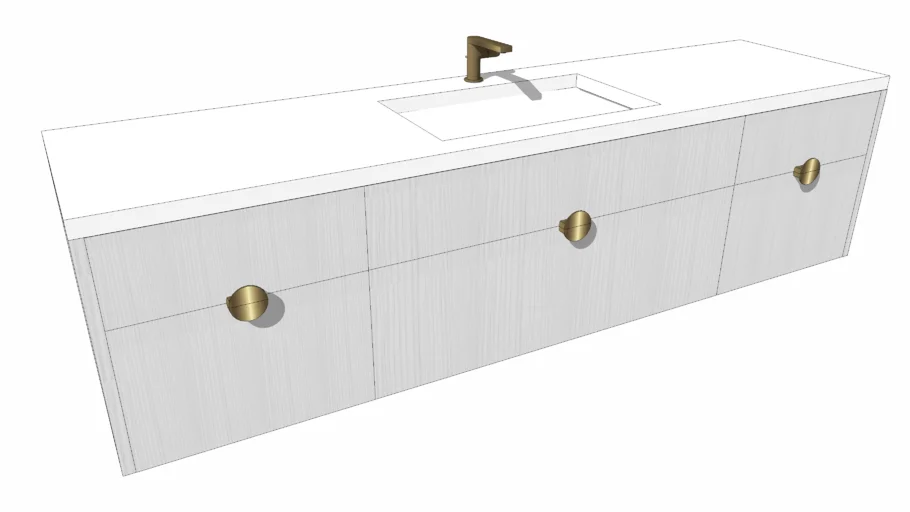 Floating Vanity Modern, White Washed Wood, BrassBrass Fixtures | 3D ...