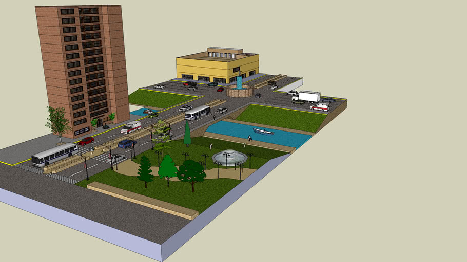 Ciudad con parque, dos avenidas, glorieta, edificio de departamentos, etc. | 3D Warehouse