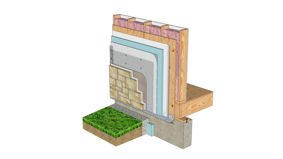 03.090.0301 Base of wall Adhered stone veneer, wood stud backing, lath ...