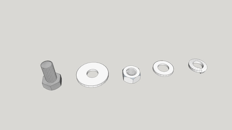 M8 Bold and nuts, M8 Bout, moer, carrosseriering en veerring. | 3D Warehouse