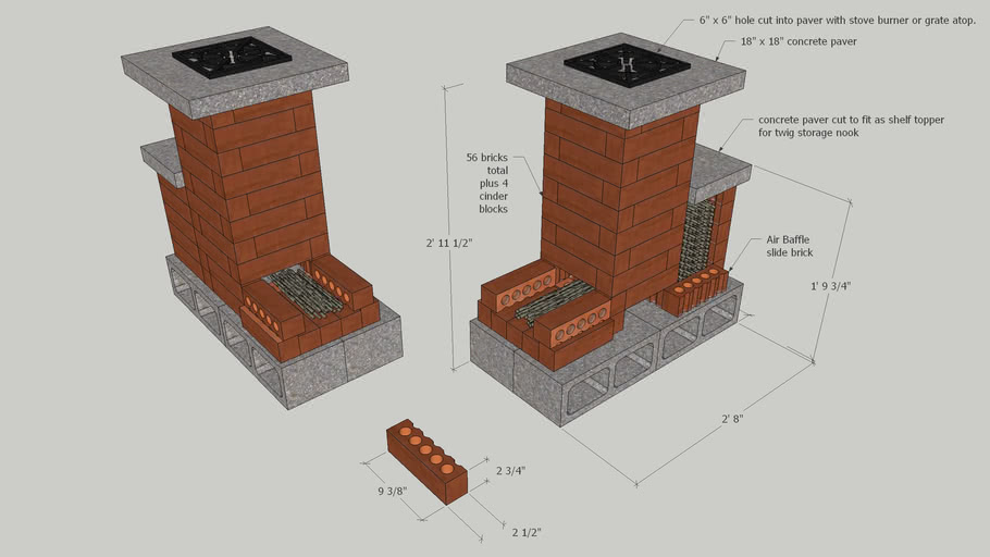 Brick Rocket Stove with Concrete Paver tops & Cinder block base | 3D ...